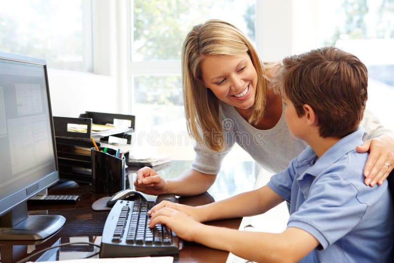 Mother and Son Using Computer at Home Stock Image - Image of keyboard ...