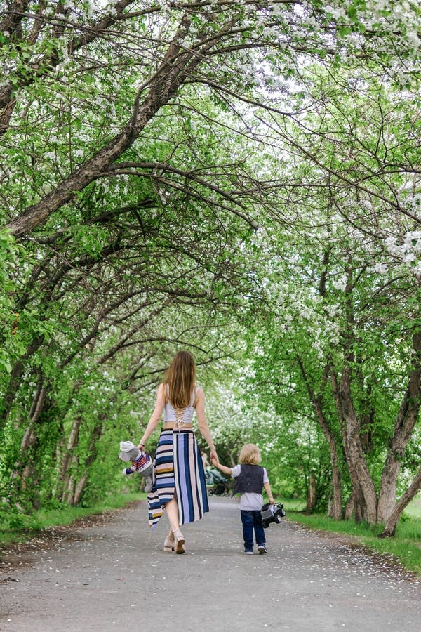 Mother and Son Walking Down a Park S Scenic Path Lined with Blossoming ...