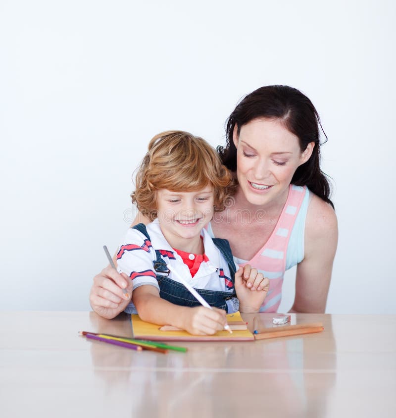 Mother and Son Writing Together Stock Image - Image of family, mother ...