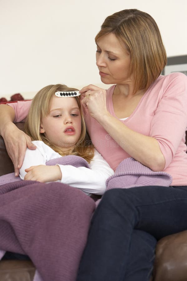 Mother Taking Temperature of Sick Daughter Stock Image - Image of ...