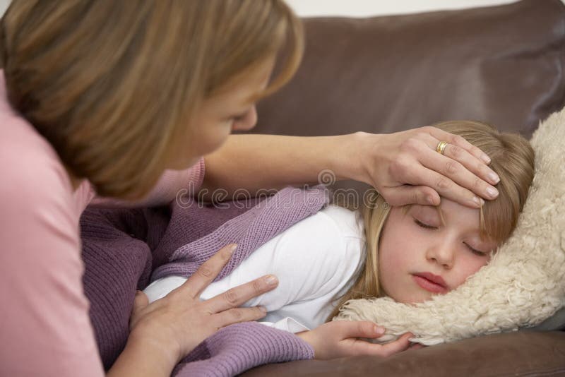 Mother Taking Temperature of Sick Daughter Stock Photo - Image of ...