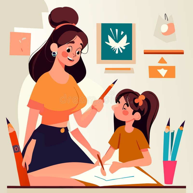 Mother Teaching Her Daughter To Do Homework. in Flat Cartoon Style AI ... Mother Teaching Her Daughter To Do Homework. in Flat Cartoon Style AI ...