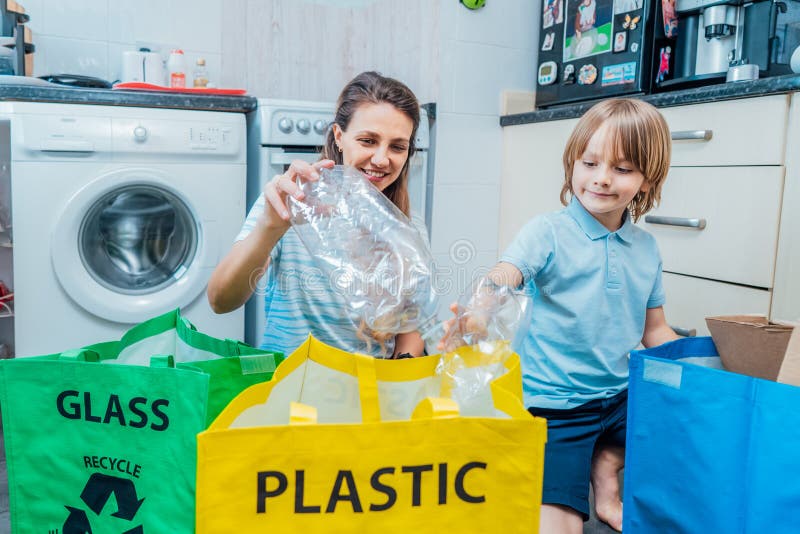 Mother is Teaching Kid How To Recycle Help the Boy Aware Environmental ...