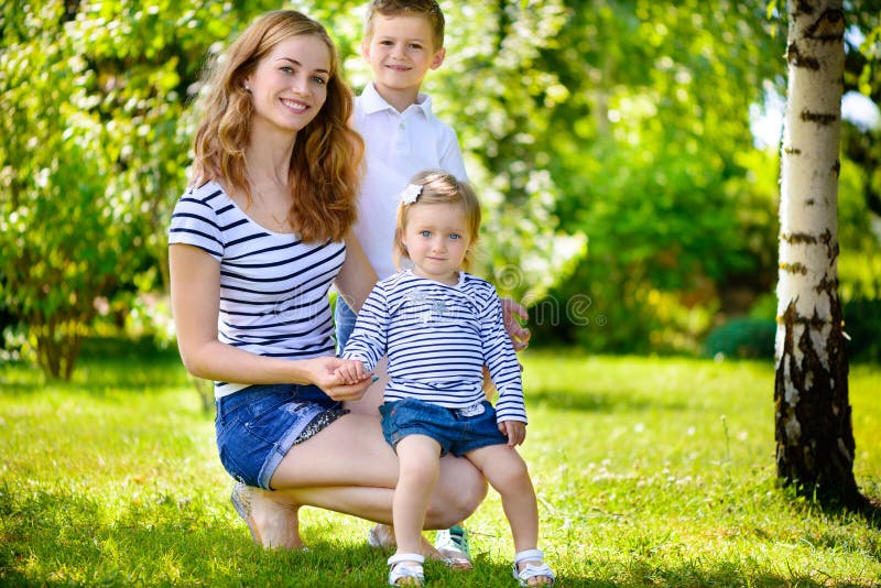Mother with Two Children Summer Outdoors Stock Image - Image of ...