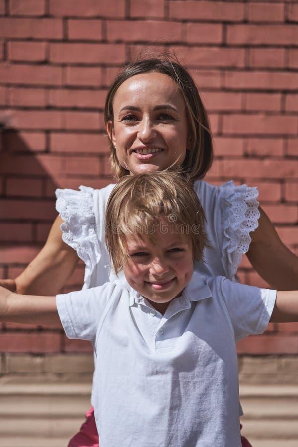 Mother and Two Kids Walking in City Center. Stock Image - Image of city ...