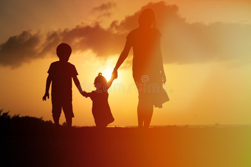 Mother and Two Kids Walking at Sunset Stock Image - Image of mother ...