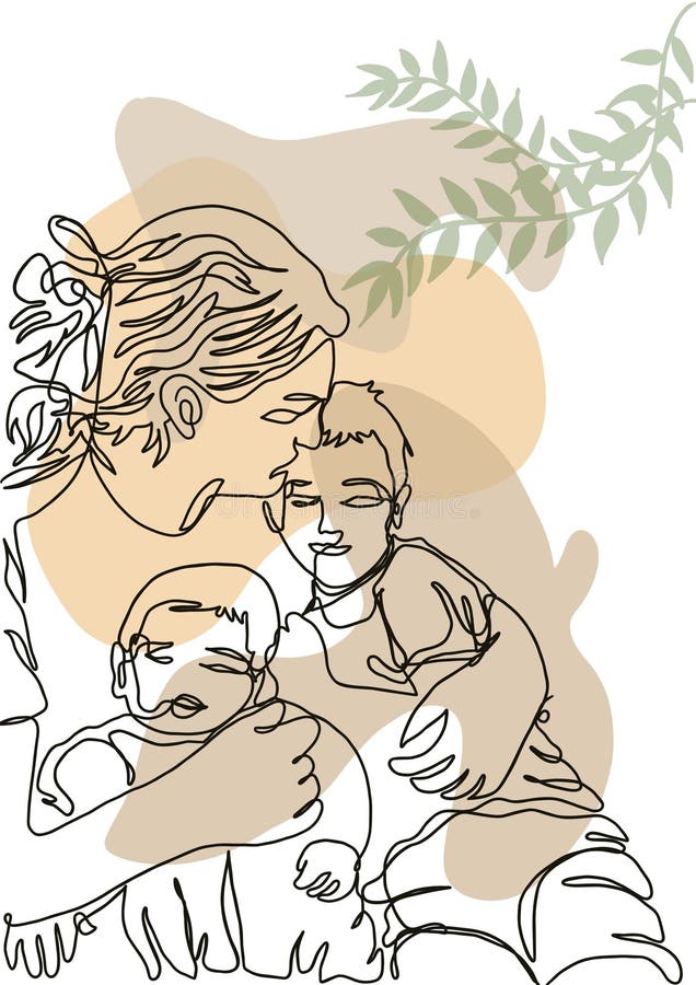 Mother and Two Sons One Line Art Drawing Template Background Stock ...