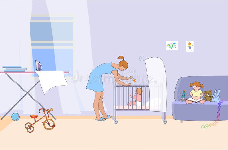 Mother with Two Young Children in Home Interior Stock Vector ...