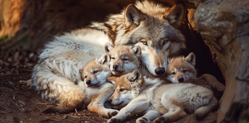 Mother Wolf Lying in Her Den with Her Playful Pups Stock Illustration ...