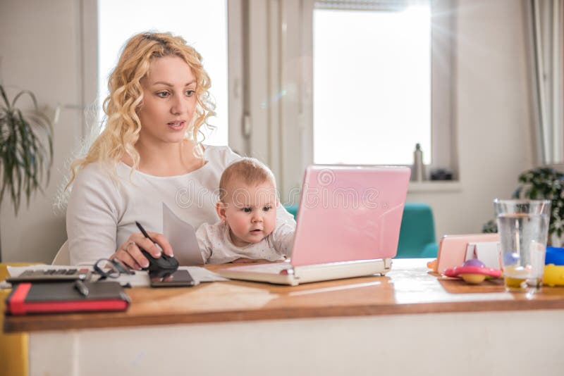 Mother Working at Home Office with Her Baby Stock Image - Image of ...