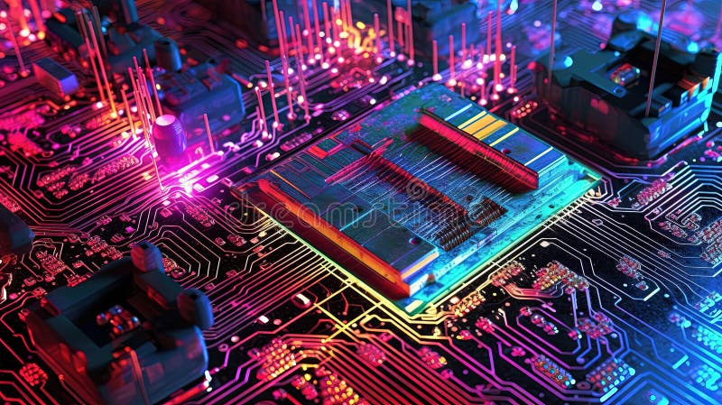 Motherboard with Chips and Connections in Purple and Blue Neon Lights ...