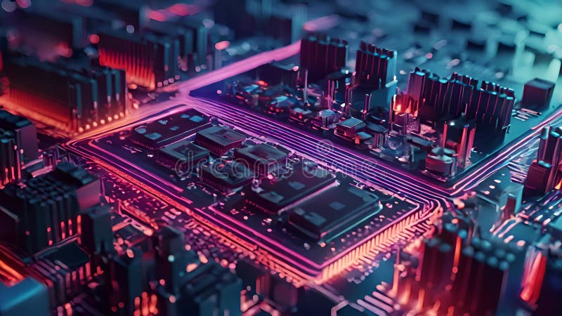 Motherboard with Chips and Connections in Purple and Blue Neon Lights ...