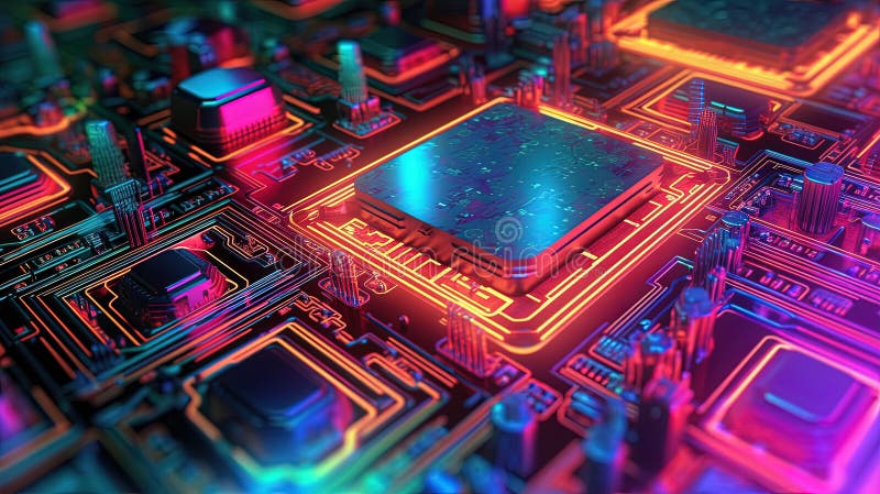 Motherboard with Chips and Connections in Purple and Blue Neon Lights ...