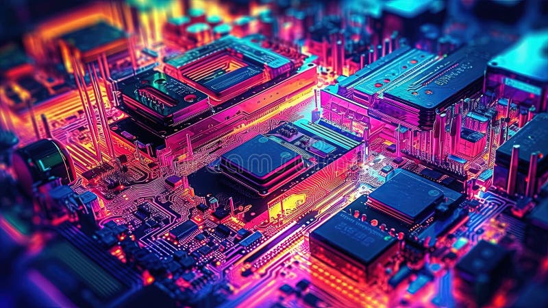 Motherboard with Chips and Connections in Purple and Blue Neon Lights ...