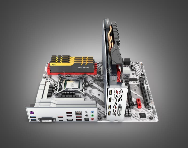 Motherboard Complete with RAM and Video Card Solated on Black Gradient ...