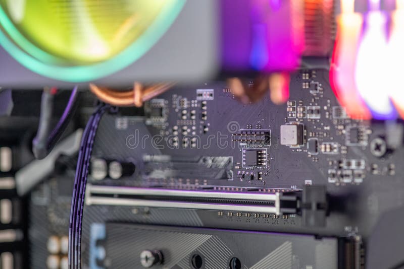 Motherboard with Components and Flashing Lights Inside a Pc Editorial ...