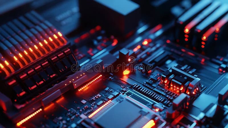 Motherboard Cpu Unit Processing Data with Red and Blue Lights Stock ...