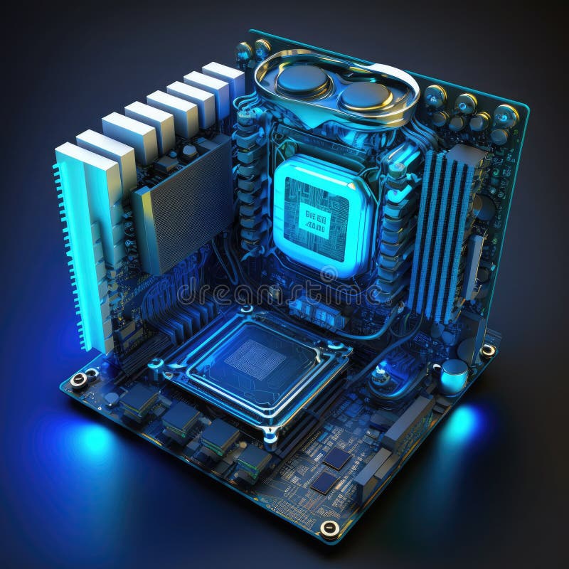 Motherboard Digital Chip in Blue Neon Lighting. Stock Illustration ...