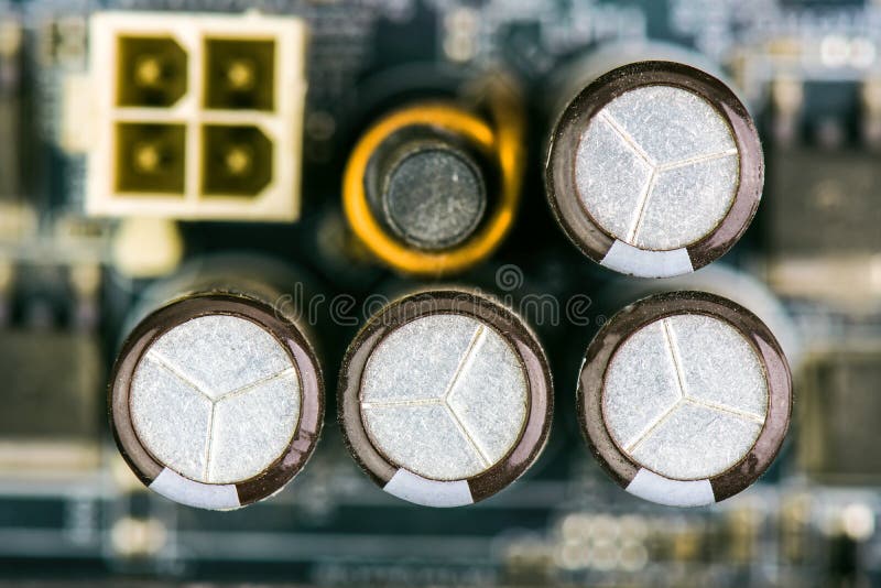 Motherboard Electrolytic Capacitors and Conductors Stock Image - Image ...