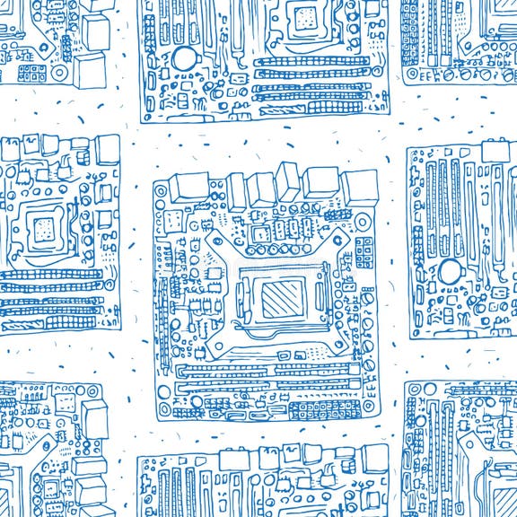 Motherboard Hand Drawn Seamless Pattern. Electronic Component of ...