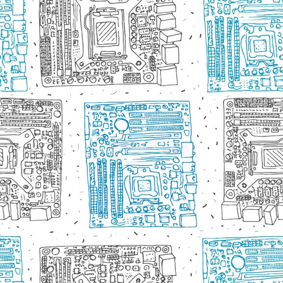 Motherboard Hand Drawn Seamless Pattern. Electronic Component of ...