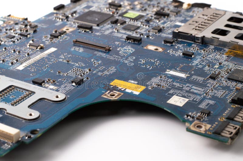 Motherboard and Microcircuits on Disassembled Laptop Close-up Top View ...