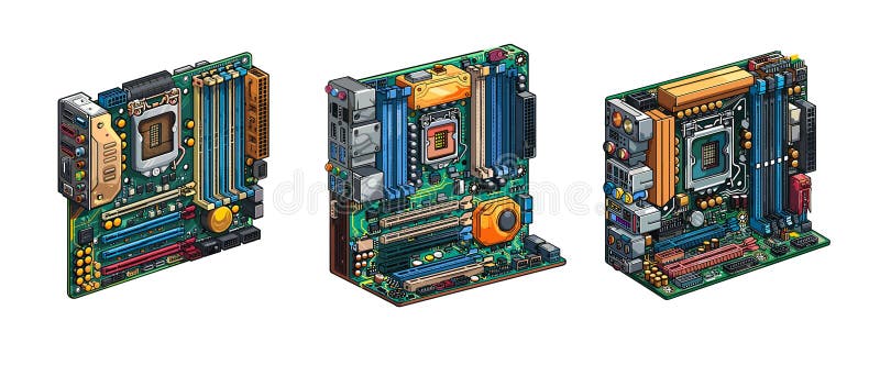Motherboards Cartoon Vector Set. Computer Microelectronics Modern Pc ...