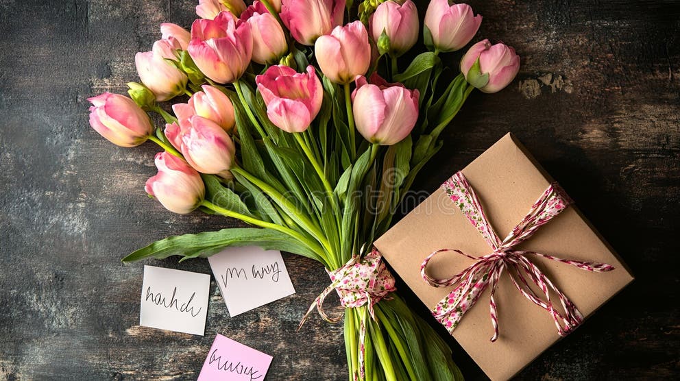 Mothers Day Flowers with a Gift Box and Handwritten Notes on a Rustic ...