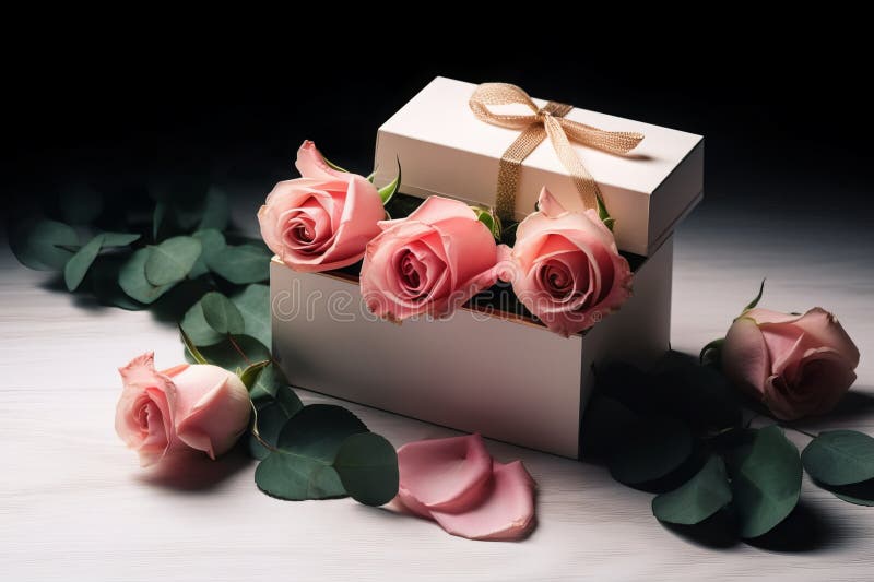 Mothers Day Gift Box with Pink Roses, Generative AI Stock Illustration ...