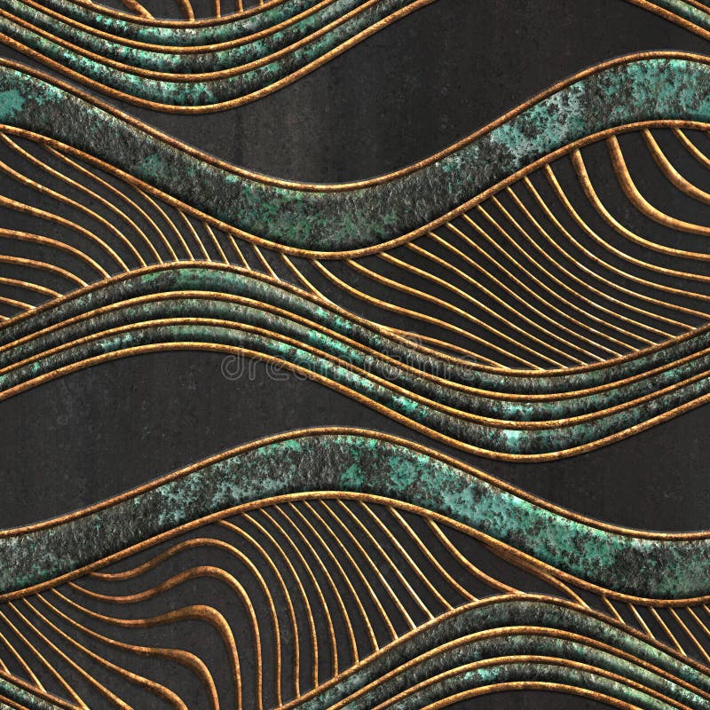 Copper Seamless Texture with Waves Pattern on a Black Grunge Background ...