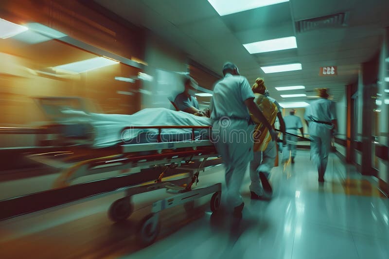 Motion Blur of Doctors Running with Patient on a Bed in a Clinic Hall ...
