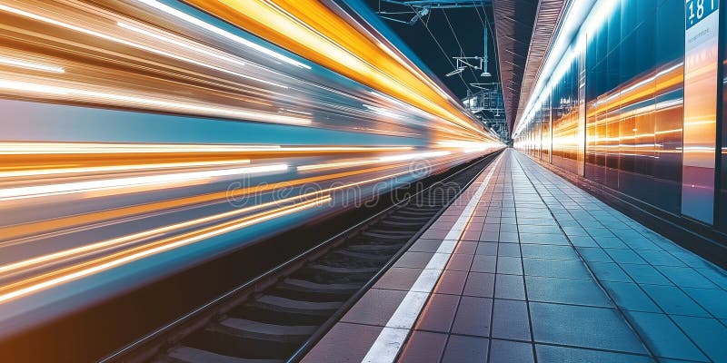 Motion Blur of Train As it Travels through a Station at Night Stock ...