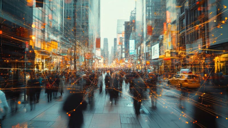 Motion Blurred City Street with People and Network Overlay Stock ...