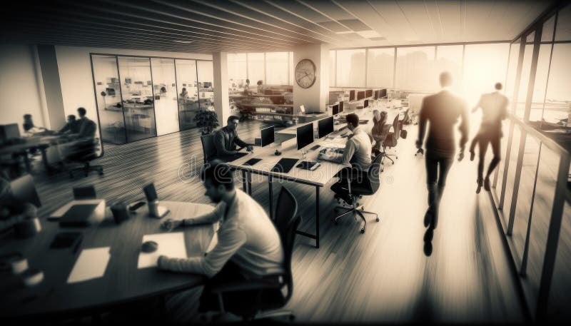 Motion Blurred Open Space Office with Employees on Beautiful Sunlight ...