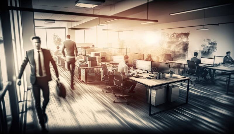 Motion Blurred Open Space Office with Employees on Beautiful Sunlight ...