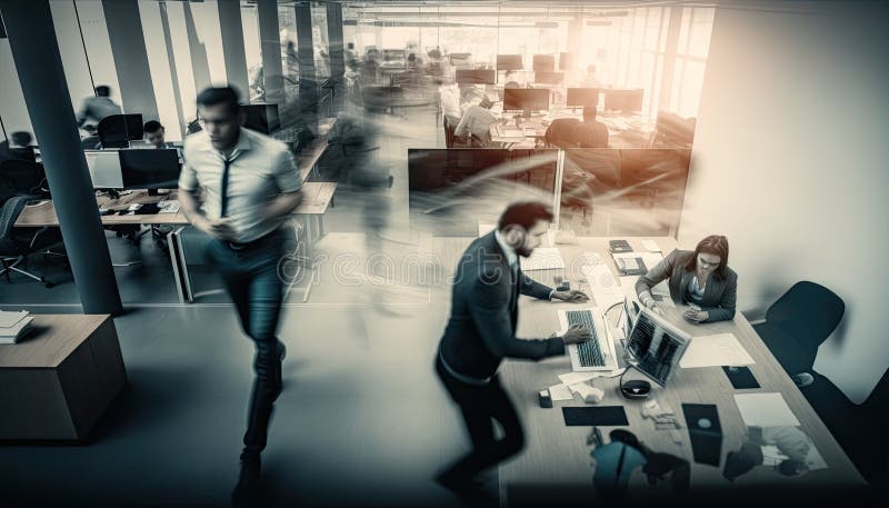 Motion Blurred Open Space Office with Employees on Beautiful Sunlight ...