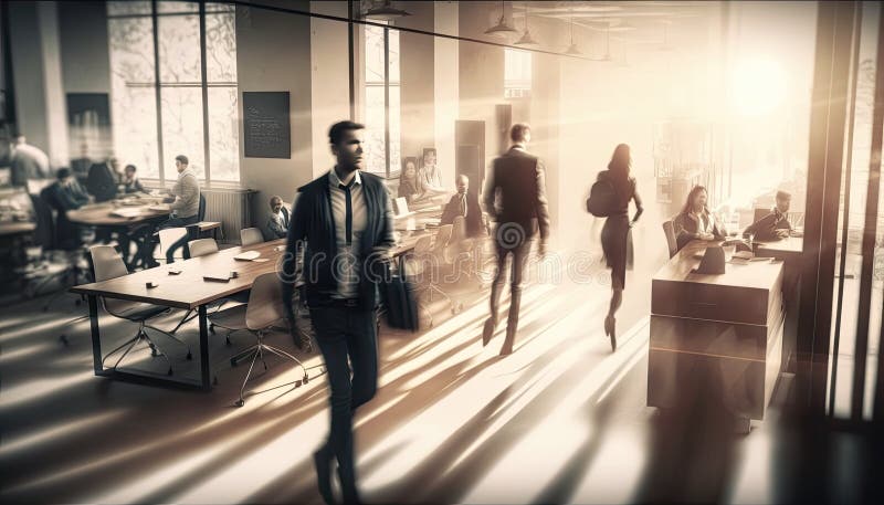 Motion Blurred Open Space Office with Employees on Beautiful Sunlight ...