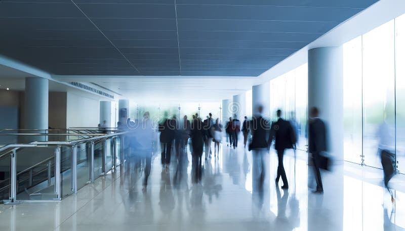 Motion Blurred People Walk through a Modern Corporate Lobby during ...