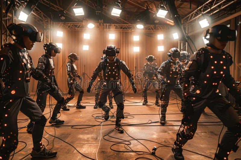 Motion Capture Studio with Actors Wearing VR Headsets and Suits with ...