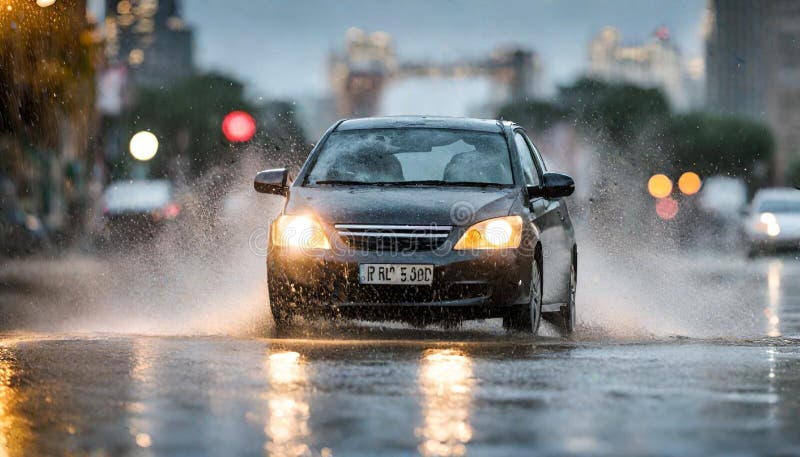 Motion Car Rain Big Puddle of Water Stock Illustration - Illustration ...