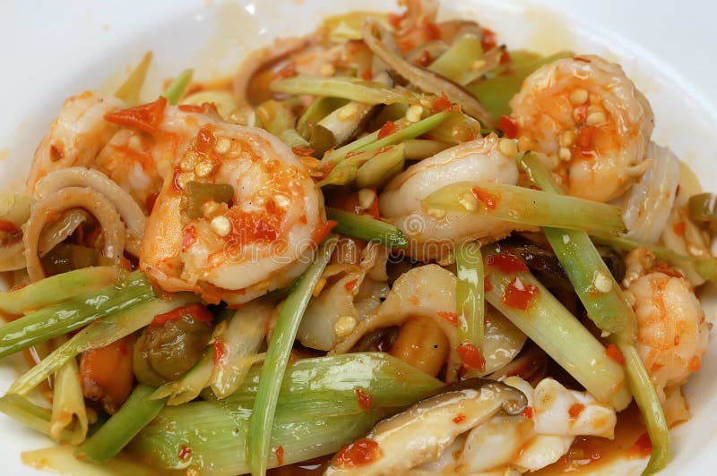 Motion of Hot Spicy Fried Shrimp with Vegetable on Table Stock Photo ...