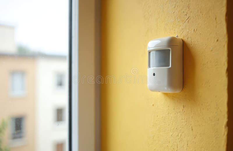 Motion Sensor Mounted Yellow Wall Near Window Inside House. Security ...