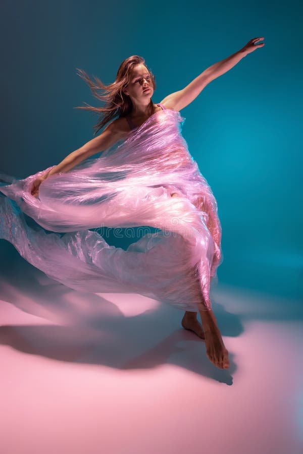 Solo Performance. Beautiful Flexible Contemp Dancer Dancing with Fabric ...