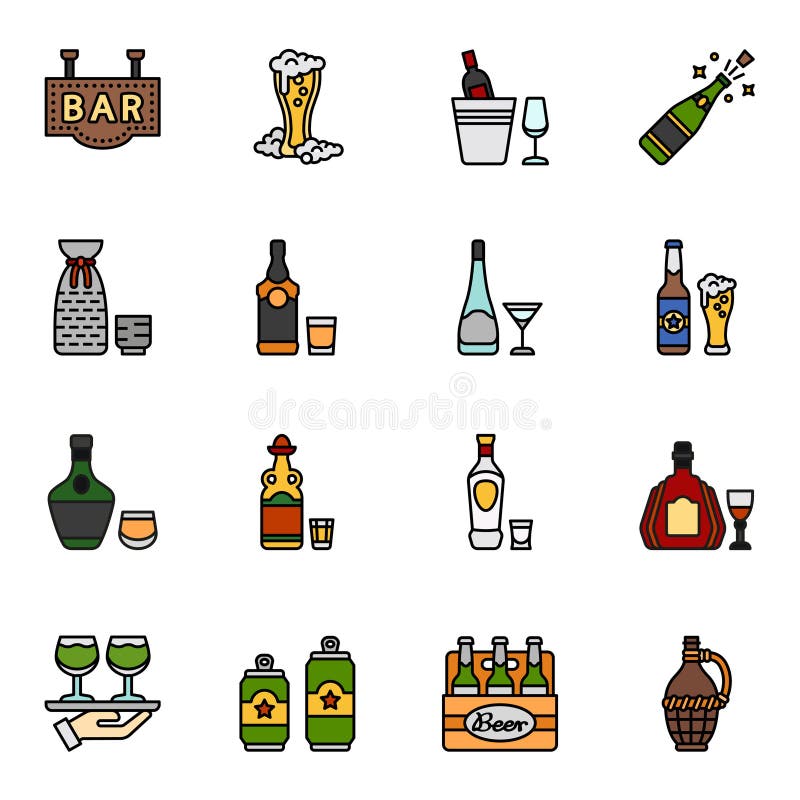 Alcohol Drinks Icon Color Outline Vector Set. Bottles, Glasses for ...