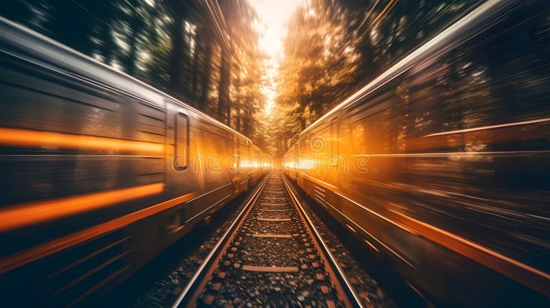 Motion in Sunset: Railway Tracks in Motion Blur with a Train Passing by ...