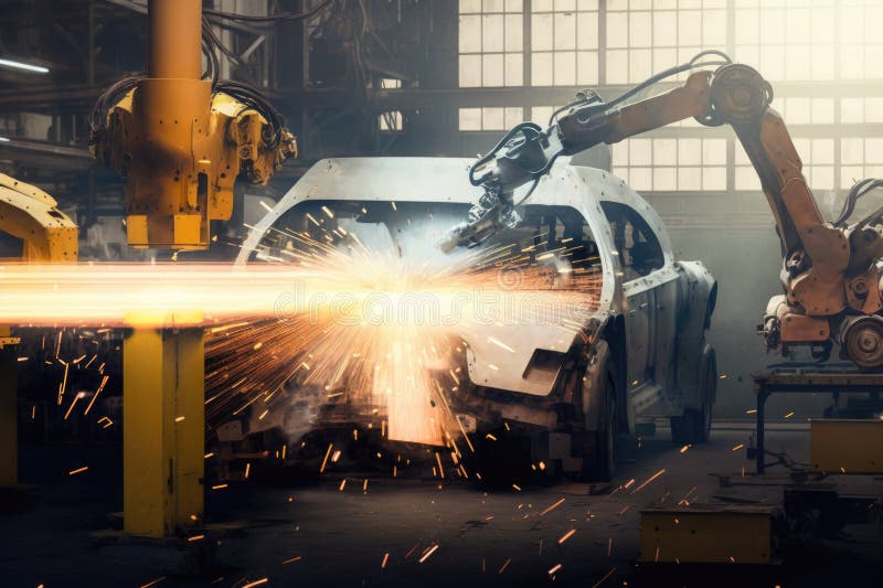 In Motion, Welding Robots at a Car Assembly Plant Stock Illustration ...