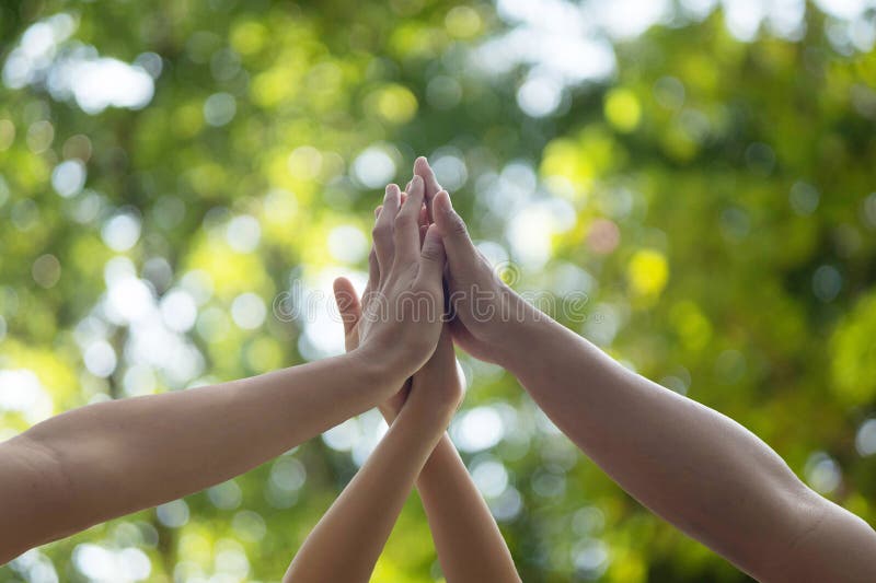 Motivated Business Team Join Hands Palms Together, Giving High Five ...