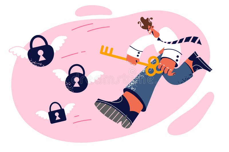 Motivated Man with Key Runs after Flying Padlocks Symbolizing Business ... Motivated Man with Key Runs after Flying Padlocks Symbolizing Business ...