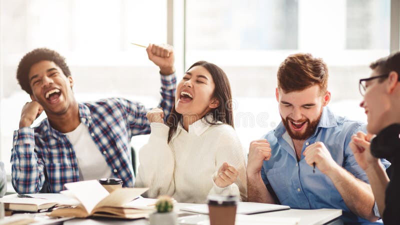 Motivated Students Celebrating Finished Learning for Test Stock Photo ...