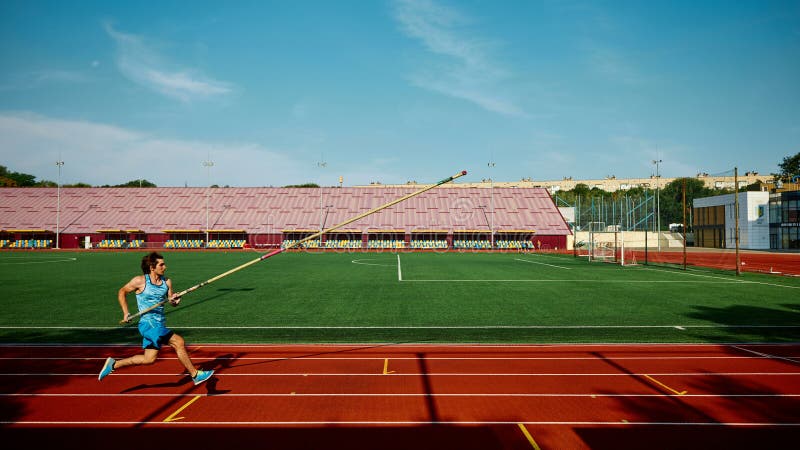 Motivated Young Athlete Practicing for Pole Vaulting Championship ...